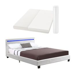 Juskys Polsterbett Verona weiß 120×200 cm Bettgestell LED-Beleuchtung, Lattenrost & Matratze