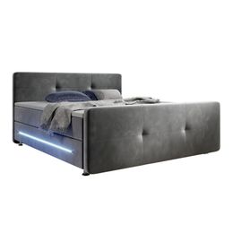 Juskys Boxspringbett Houston 180x200 cm - Bett mit LED, Topper & Federkern-Matratzen – Stoff Grau
