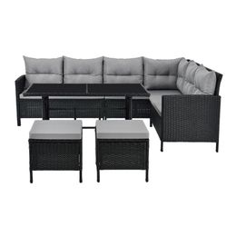 Juskys Gartenlounge Manacor schwarz - Sofa, Tisch, Hocker & Kissen - 7 Personen - Sitzbezüge in Grau