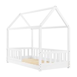 Juskys Kinderbett Marli 80 x 160 cm Rausfallschutz, Lattenrost & Dach weiß Hausbett Holz