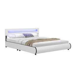 Juskys Polsterbett Sevilla 180x200 cm – Bett mit LED Beleuchtung & Lattenrost – Doppelbett weiß