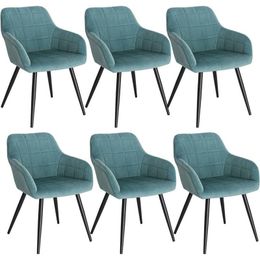 WOLTU 6 x Esszimmerstühle 6er Set Esszimmerstuhl Küchenstuhl Polsterstuhl Design Stuhl mit Armlehnen, mit Sitzfläche aus Samt, Gestell aus Metall Türkis