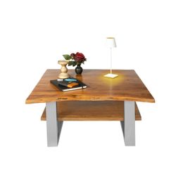 B-Ware Couchtisch Baumkante massiv Akazie nussbaum 90x90 cm silber PATRICK
