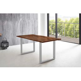 Esstisch Baumkante massiv Akazie nussbaum 200 x 100 U-Gestell silber LUBIN