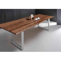 Esstisch Baumkante massiv Akazie nussbaum 280 x 100 U-Gestell silber MILO