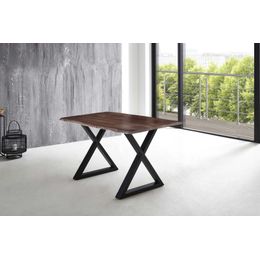 Esstisch Baumkante massiv Akazie nussbaum 140 x 80 X-Gestell schwarz LUBIN