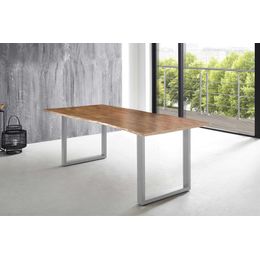 Esstisch Baumkante massiv Akazie natur 220 x 100 U-Gestell silber LUBIN