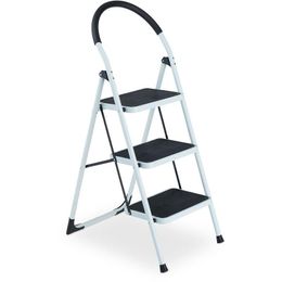 Relaxdays - Trittleiter, klappbare Haushaltsleiter, 3 Stufen, bis 150 kg, Stufenleiter mit Haltegriff, Stahl, weiß/schwarz