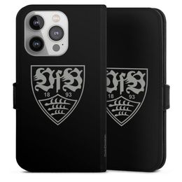 DeinDesign iPhone 14 Pro Handy Klapph&uuml;lle Handyh&uuml;lle aus Kunst Leder schwarz Flip Case Official Licensed Product Vfb Stuttgart Logo Sideflip mit langer Lasche