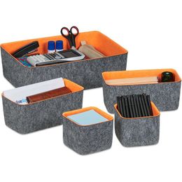 Schubladen Organizer Filz, 5-teiliges Ordnungssystem für Schreibtisch, 3 Größen, Filzkörbchen, grau/orange - Relaxdays