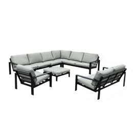 Home Deluxe Gartenlounge Aluminium RIO - - Schwarz, Größe: XL - bestehend aus 1x Hocker, 1x Sessel 2X Sofa - inkl. Kissen I Gartensitzgruppe Lounge Set Balkonmöbel
