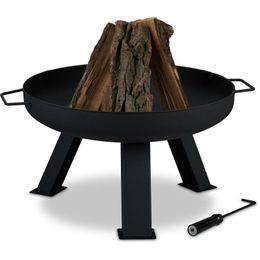 Relaxdays - Feuerschale Durchmesser 60 cm, inkl. Schürhaken, Garten & Terrasse Feuerstelle, rund, Feuerkorb Stahl, schwarz