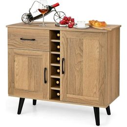 Costway Sideboard, Küchenschrank mit Türen und Schubladen, Küchekommode im Landhausstil mit Weinregal für 6 Flaschen, Buffetschrank Weinschrank für Küche,