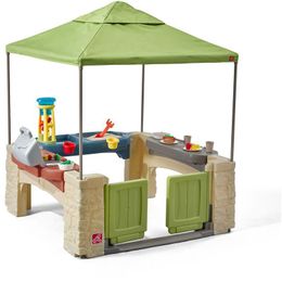 All Around Speelpatio Spielhaus Kunststoff Patio für Kinder mit Küche & Zubehör Inklusive Sand und Wasserspieltisch - Braun - Step2