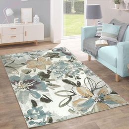 Designer Teppich Modern Wohnzimmer Blumen Muster Pastell Töne In Grün Blau Creme 70x250 cm - Paco Home