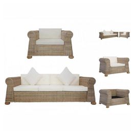vidaXL Sofa 2-tlg Sofagarnitur mit Auflagen Natur Rattan Couch-Garnitur