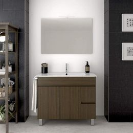 Waschbeckenunterschrank auf Standfüßen TEMIS mit Keramik Waschtisch und Spiegel - 2 Schubladen und reichlicher Stauraum mit Türen - Handtuchhalter