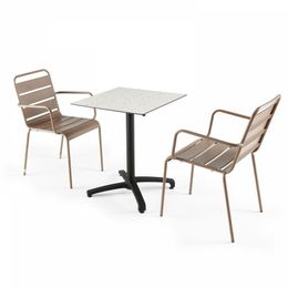 Oviala - Quadratisches Tischset aus hpl und 2 Metallstühlen Taupe - Terrazzo Moucheté