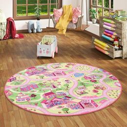Snapstyle - Kinder Spiel Teppich Girls Rosa Village Rund - 100 cm Rund
