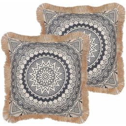 Beliani Dekokissen 2er Set Beige / Schwarz 45 x 45 cm Quadratisch mit Fransen Boho Muster Orientalischer Stil Modern Wohnaccessoires Deko für Sofa - Beige