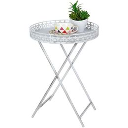 Spetebo Shabby Chic Beistelltisch mit Tablett - Antik Sofatisch Couchtisch - Metall Blumen Tisch weiß