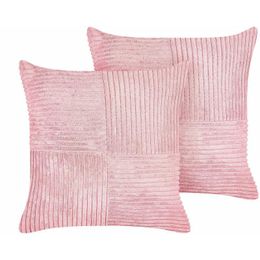 Beliani Set aus 2 Rosa dekorativen Kissen aus Cord 43 × 43 cm Gestreiftes Muster modernes Design Wurfkissen - Rosa