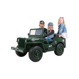 Actionbikes Motors Jeep Willys Kinder-Elektroauto, 3 Sitze und 3 Gurte, Schaufel, Ersatzrad, Federung, Allrad 4x4, LEDs