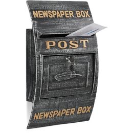 Briefkasten antik, Schriftzug Newspaper Box, großer Wandbriefkasten, HxBxT: 49 x 29 x 9 cm, schwarz-silber - Relaxdays