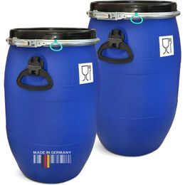 Plasteo - 2 Stück: 60 l Weithalsfass mit Spannverschluss 100% Lebensmittelecht Universalfass Futtertonne Regen Maische Tierfutter Trinkwasser Camping