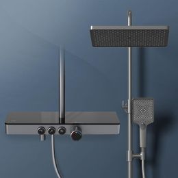 Duschsystem mit Thermostat Glasablage Handbrause mit 3 Strahlarten Regendusche, Wasserauslass Verbrühungsschutz Wandmontage KTW-Zertifizierung,