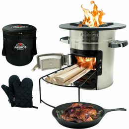 Raketenofen inkl. Grillpfanne Dutch Oven bbq Rocket Stove Camping-Ofen Silber - Silber - Arebos