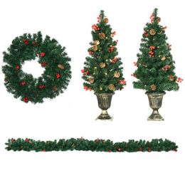 4-teiliges Set Weihnachtsschmuck 2 Weihnachtsbäume 1 Weihnachtskranz 1 Weihnachtsgirlande inkl. led Beleuchtung - Grün - HOMCOM