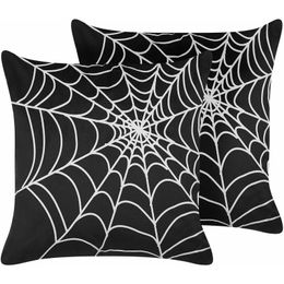 Beliani - Dekokissen Schwarz / Weiß 2er Set aus Samtstoff 45 x 45 cm mit Spinnennetz-Muster Quadratisch Halloween Motiv Wohnzimmer Accessoires