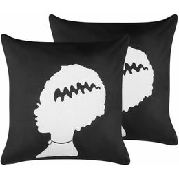 Beliani - Dekokissen Schwarz / Weiß 2er Set aus Samtstoff 45 x 45 cm mit Frankensteins Braut Muster Quadratisch Halloween Motiv Wohnzimmer