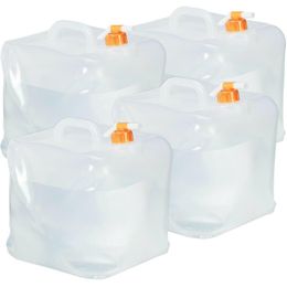 Faltbarer Wasserkanister 4er Set, 20 l, Faltkanister mit Hahn, BPA-frei, lebensmittelecht, transparent/orange - Relaxdays