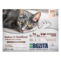 Bozita Pouch Indoor & Sterilised Katzenfutter, Multipack Hühnchen & Pute + Rentier, 6 x 85 g + 6 x 85 g