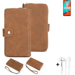K-S-Trade Handyhülle für Coolpad 26 Tibetan Peak Edition, Handy Schutz Hülle + Kopfhörer Portemonnee Tasche Wallet-Case, braun|schwarz