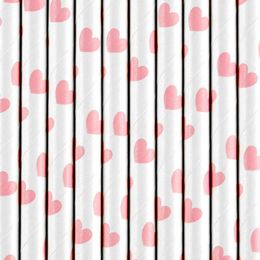 partydeco Trinkhalme, Papierstrohhalme mit Herzen 19cm weiß rosa 10er Set