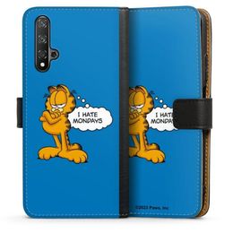 DeinDesign Handyhülle Garfield Katze Spruch Garfield I Hate Mondays Blue, Huawei Nova 5T Hülle Handy Flip Case Wallet Cover Handytasche Leder, schwarz
