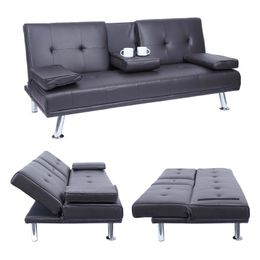 3er-Sofa MCW-F60, Couch Schlafsofa G&auml;stebett, Tassenhalter verstellbar 97x166cm ~ Kunstleder, braun