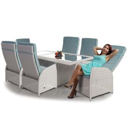 MCW Luxus Poly-Rattan-Garnitur Burgos, Premium Lounge Set Alu-Sitzgruppe Tisch + 6 verstellbare Stühle ~ hellgrau