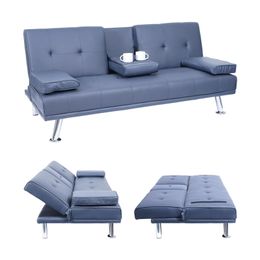 3er-Sofa MCW-F60, Couch Schlafsofa Gästebett, Tassenhalter verstellbar 97x166cm ~ Kunstleder, dunkelblau