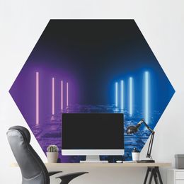 Bilderwelten Hexagon Tapete Vliestapete Neon Art 3D-Effekt blau - Neonlichter in Lila und Blau - Deko Jugendzimmer
