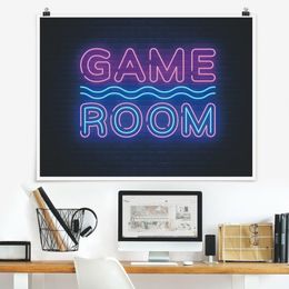 Bilderwelten Poster Spr&uuml;che blau Neon Art matt gl&auml;nzend selbstklebend - Neon Schrift Game Room - Spr&uuml;che Jugendzimmer
