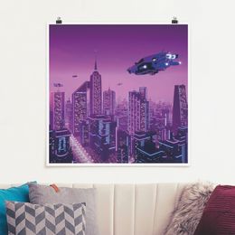 Bilderwelten Poster Fahrzeuge violett Digital Art matt gl&auml;nzend selbstklebend - Stadt im Neonlicht mit Raumschiffen - Fahrzeuge Jugendzimmer