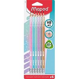 Maped Black Peps Bleistifte HB farbsortiert und Glitzer mit Radierer, 6 St.