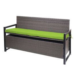 Poly-Rattan 3er Sitzbank MCW-F39, Gartenbank Truhenbank, Staufach Aufbewahrung Sitzkissen ~ grau-meliert, Kissen gr&uuml;n
