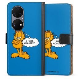 DeinDesign Handyhülle Garfield Katze Spruch Garfield I Hate Mondays Blue, Huawei P50 Pro Hülle Handy Flip Case Wallet Cover Handytasche Leder, schwarz