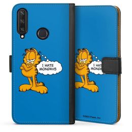 DeinDesign Handyhülle Garfield Katze Spruch Garfield I Hate Mondays Blue, Huawei Y6p Hülle Handy Flip Case Wallet Cover Handytasche Leder, schwarz