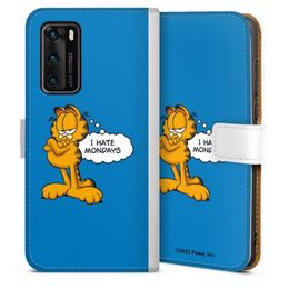 DeinDesign Handyhülle Garfield Katze Spruch Garfield I Hate Mondays Blue, Huawei P40 Hülle Handy Flip Case Wallet Cover Handytasche Leder, weiß